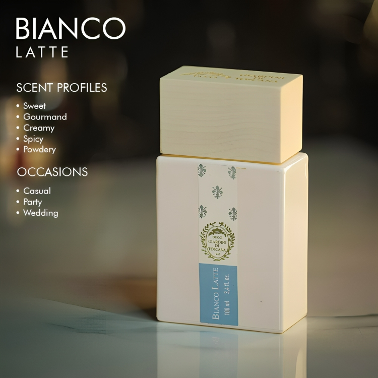 bianco latte perfume, luxurious fragrance, soft scent, Italian